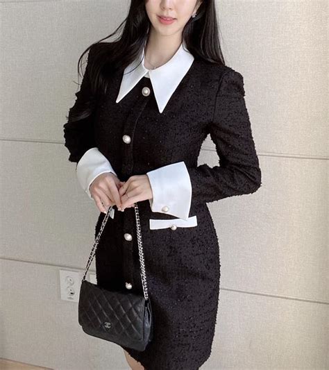 비비미미 고급 하객룩 배색 카라 미니 진주 트위드 원피스 하객 결혼식 아나운서