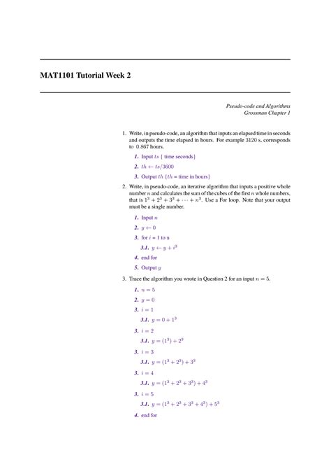 Week02 Soln Solutions Week 2 Mat1101 Tutorial Week 2 Pseudo Code