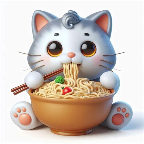 Cute Cat Eating Ramen Noodle Cartoon 3d Premium Ai Generated Image