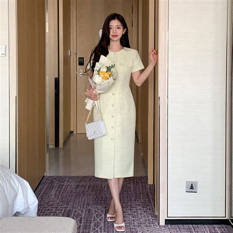 아뜨랑스 하객룩원피스트위드원피스 포켓 버튼 트위드 H라인 롱 반팔 원피스 롱원피스 H라인원피스 반팔원피스 격식룩 하객룩 오피스룩 브랜드퀄리티 데일리룩 Op16035