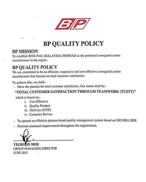 Box Pak Malaysia Berhad Quality Statement