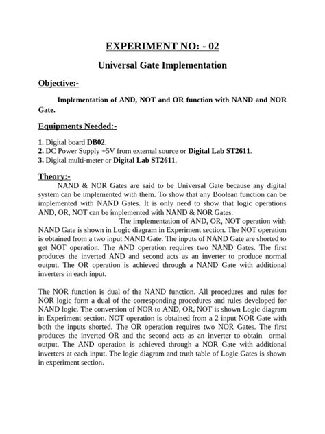 Ex03 Universal Gate Implementation Pdf Logic Gate Boolean Algebra