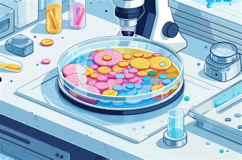 Colorful Cells Under Microscope In Modern Laboratory Illustration Stock Image Image Of Dish