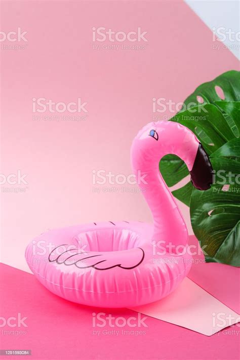 팽창식 핑크 미니 플라밍고와 핑크 백그라운드의 열대 잎 몬스터 창조적 인 여름 해변 개념 플라밍고 트렌드 풍선 장난감 개념에