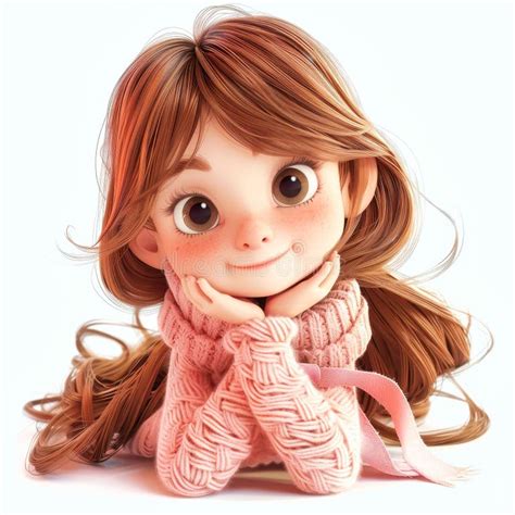 A Digital Dream A Cheerful Cartoon Girl With Long Brown Hair Posing In
