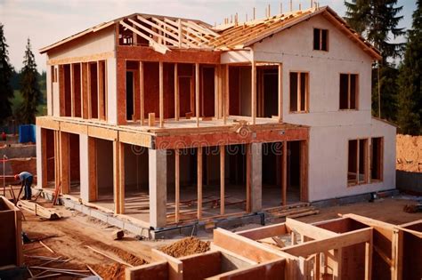 Construction Of New Residential House Building Framework Work Site Stock Illustration