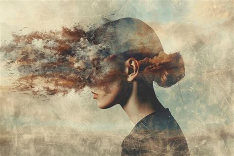 Surreal Digital Portrait Of A Woman Dissolving Into Clouds And Thoughts Generative Ai Premium