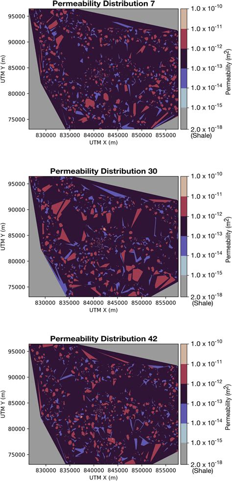 permeability contours of three model realizations each image is a