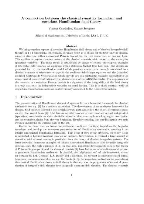 Pdf A Connection Between The Classical R Matrix Formalism And Covariant Hamiltonian Field Theory