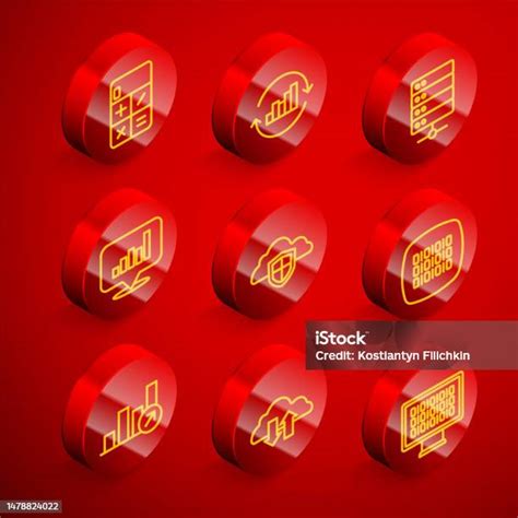 Set Line Calculator Pie Chart Infographic Server Cloud And Shield