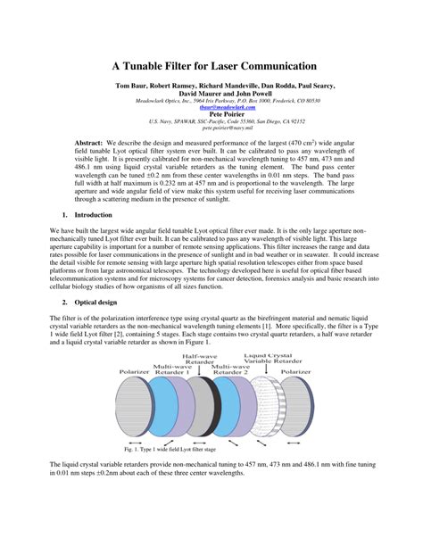 Pdf A Tunable Filter For Laser Communication