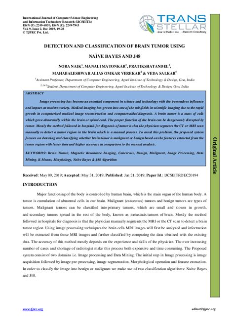 pdf detection and classification of brain tumor using naÏve bayes and j48