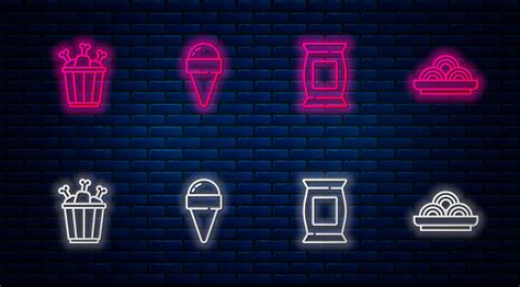 와플 콘 가방 또는 패킷 감자 칩 닭 다리 패키지 상자 및 아시아 국수 그릇에 라인 아이스크림을 설정합니다 벽돌 벽에 빛나는 네온 아이콘입니다 벡터 0명에 대한 스톡 벡터
