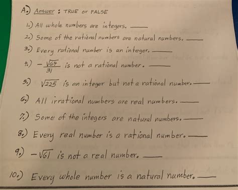 Solved A Answer True Or False 1 All Whole Numbers Are