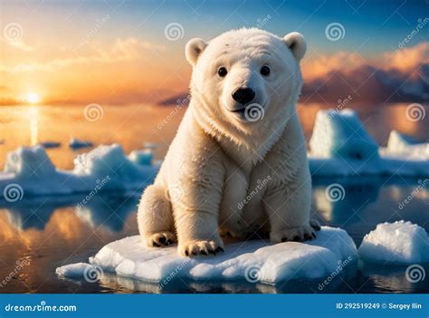 Small Polar Bear Sits On An Ice Floe In The Ocean Generative Ai Stock