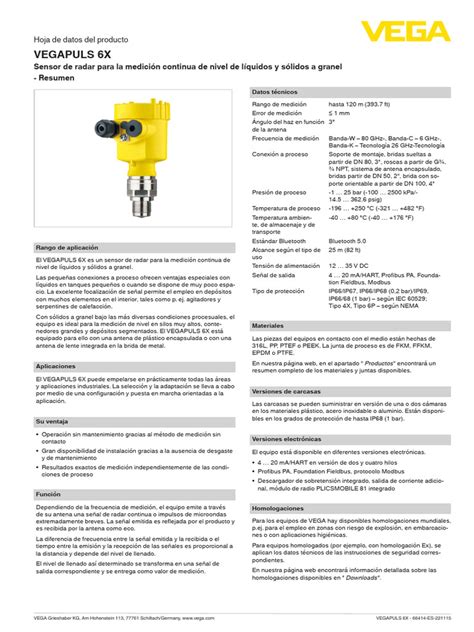 Es Data Sheet Vegapuls 6x Sensor De Radar Para La Medición Continua De