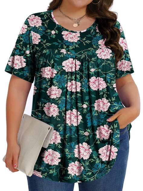 Fantaslook Womens Plus Size Tops Floral Tunic Short Sleeve Blouses