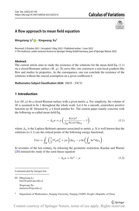 A Flow Approach To Mean Field Equation Request Pdf