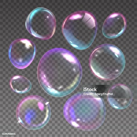 거품 거품 무지개 반사와 현실적인 비행 비누 공 3d 샴푸 투명 유리 구체 거품 요소 세탁 및 샤워 서클 세트 벡터 무지개 빛깔