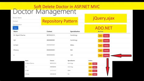 Soft Delete In Aspnet Mvc Jquery Ajax Adonet And Repository Pattern Doctor Management