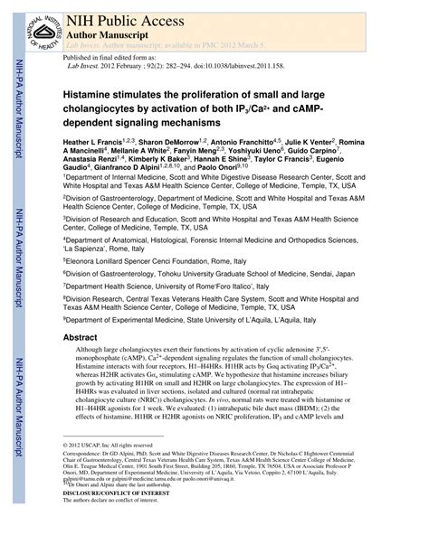 Pdf Histamine Stimulates The Proliferation Of Small And Large Cholangiocytes By Activation Of