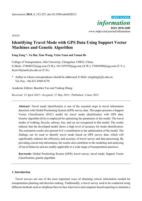 Pdf Identifying Travel Mode With Gps Data Using Support Vector Machines And Genetic Algorithm