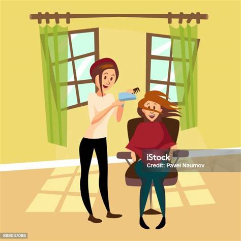 미용실 여자 머리 빗 고 헤어 드라이어 직장 만화 벡터 일러스트 레이 션에 이발소 전문 헤어 스타일 리스트에 그녀의 클라이언트에 대 한 건조 귀여운에 대한 스톡 벡터 아트