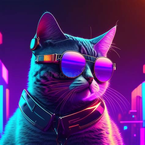 Futuristic Cyberpunk Portrait Of A Cat Wearing 3d Glasses Generative Ai Stock Illustration