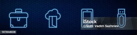 세트 휴대폰 서류 가방 클라우드 데이터베이스 및 Usb 플래시 드라이브를 설정합니다 벽돌 벽에 빛나는 네온 아이콘 벡터 가방에 대한 스톡 벡터 아트 및 기타 이미지 Istock