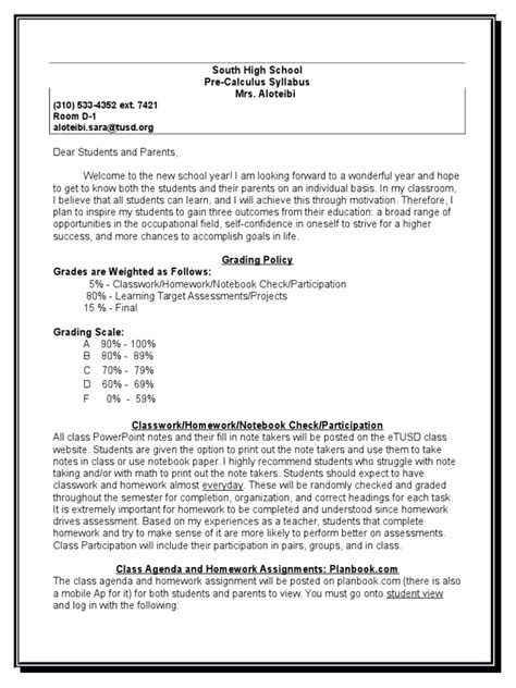 Pre Calculus Syllabus Pdf Homework Educational Assessment