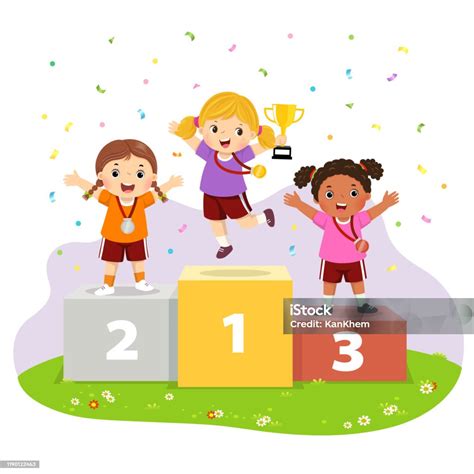 스포츠 우승자 받침대에 서서 트로피를 들고 메달을 가진 세 여자의 벡터 그림 메달에 대한 스톡 벡터 아트 및 기타 이미지 메달 상 인센티브 Istock