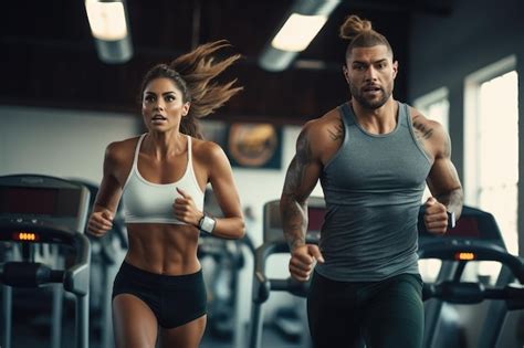 Premium Photo Runners Run In The Gym On A Treadmill Generative Ai