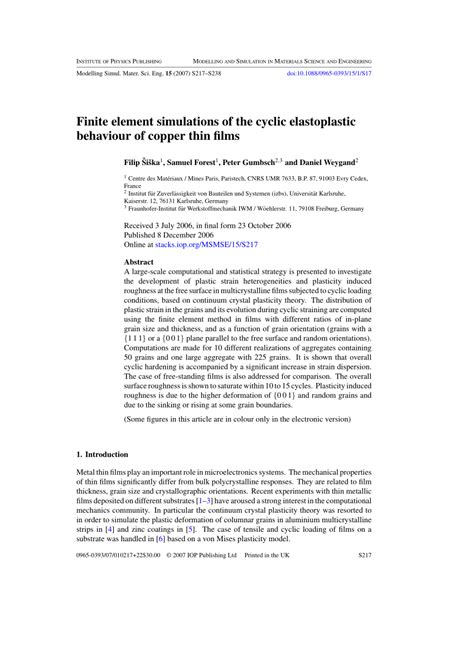 Pdf Finite Element Simulations Of The Cyclic Elastoplastic Behavior Of Copper Thin Films