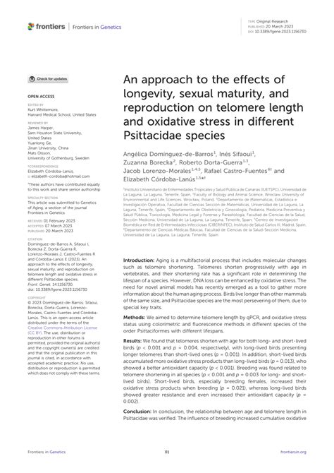 Pdf An Approach To The Effects Of Longevity Sexual Maturity And Reproduction On Telomere