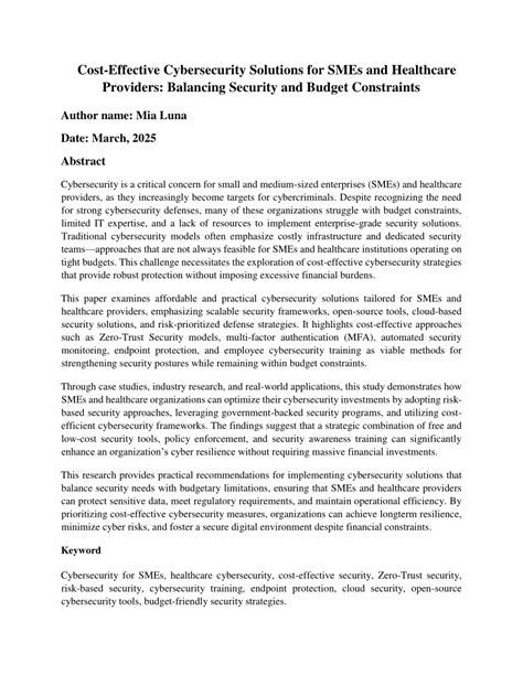 Pdf Cost Effective Cybersecurity Solutions For Smes And Healthcare Providers Balancing