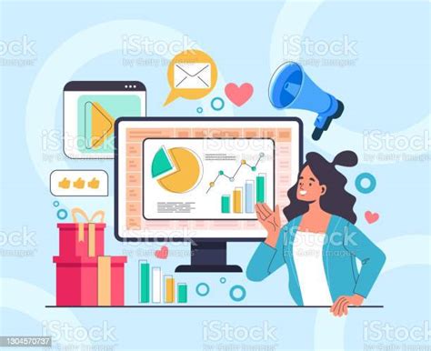 광고 관리 프리젠 테이션 홍보 개념 벡터 플랫 그래픽 디자인 일러스트레이션 검색 엔진에 대한 스톡 벡터 아트 및 기타 이미지