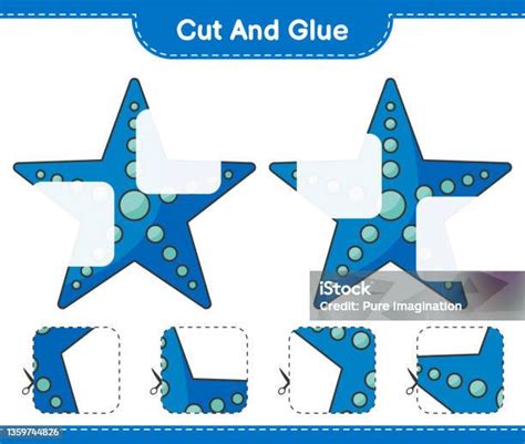 잘라 내고 접착제를 만들고 불가사리의 일부를 자르고 접착제를 붙입니다 교육 어린이 게임 인쇄 워크 시트 벡터 일러스트레이션 0명에 대한 스톡 벡터 아트 및 기타 이미지