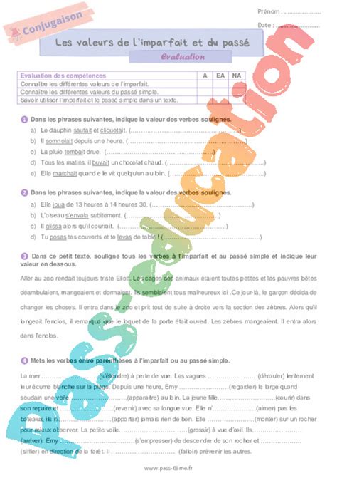 Les Valeurs De Limparfait Et Du Passé Simple Evaluation De