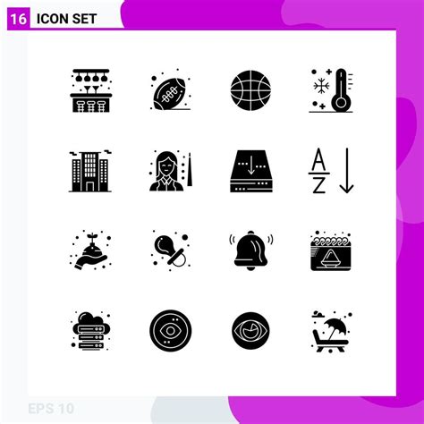 Set Of 16 Vector Solid Glyphs On Grid For Work Office World Building Temperature Editable Vector