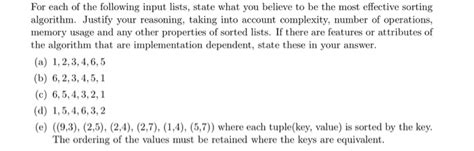 solved for each of the following input lists state what you