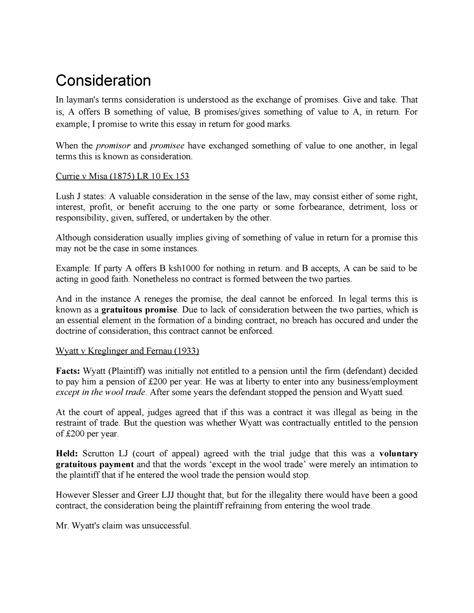 Consideration Summary Law Of Contracts Consideration In Laymans Terms Consideration Is