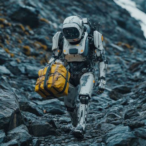 Robot Explorer Navigates Rugged Terrain With Sturdy Backpack Stock