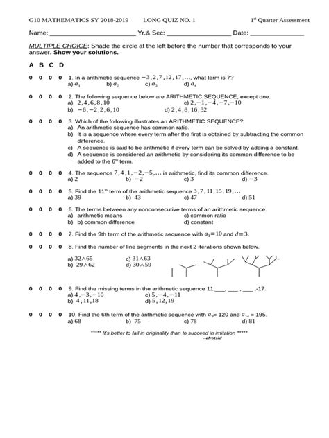 Quarter 1 Quiz 1 Pdf Summation Sequence