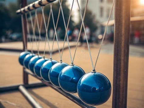 A Timeless Classic Vintage Newtons Cradle With Sparkling Blue Balls Displaying The Principles Of