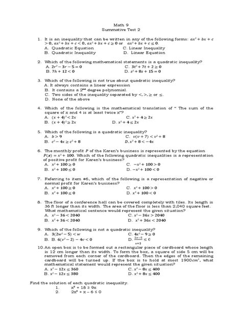 Math 9 First Quarter 2 Pdf Quadratic Equation Inequality Mathematics