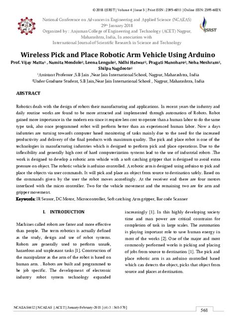 Pdf Wireless Pick And Place Robotic Arm Vehicle Using Arduino
