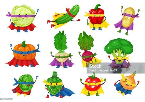 야채 영웅 캐릭터 재미있는 토마토 브로콜리 슈퍼 히어로 망토의 오이 귀여운 웃는 야채 슈퍼 히어로 마스코트 벡터 세트 슈퍼히어로에 대한 스톡 벡터 아트 및 기타 이미지
