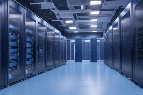 Premium AI Image Data Server Racks Room With Big Data Computer Center Blue Corridor Interior