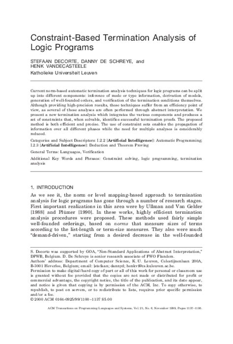 Pdf Constraint Based Termination Analysis Of Logic Programs Danny De Schreye Stefaan
