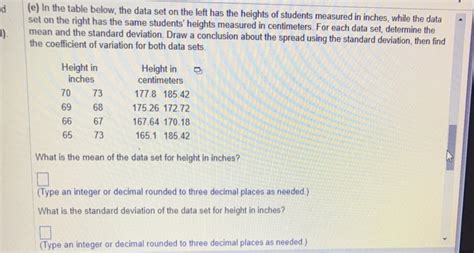 Solved D E In The Table Below The Data Set On The Left